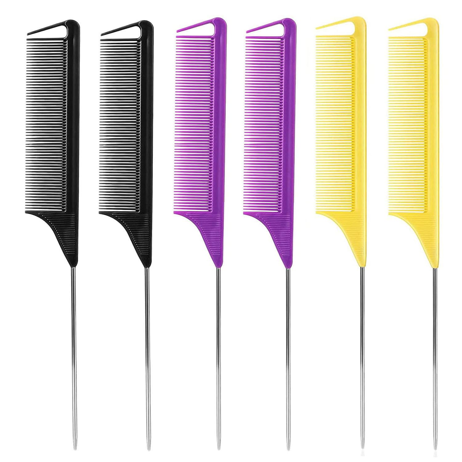 6Pcs Steel Pin Fine Tooth Rat Tail Women's Hair Braiding Combs, Parting Tools for Salon Stylists (Purple, Black, Yellow)