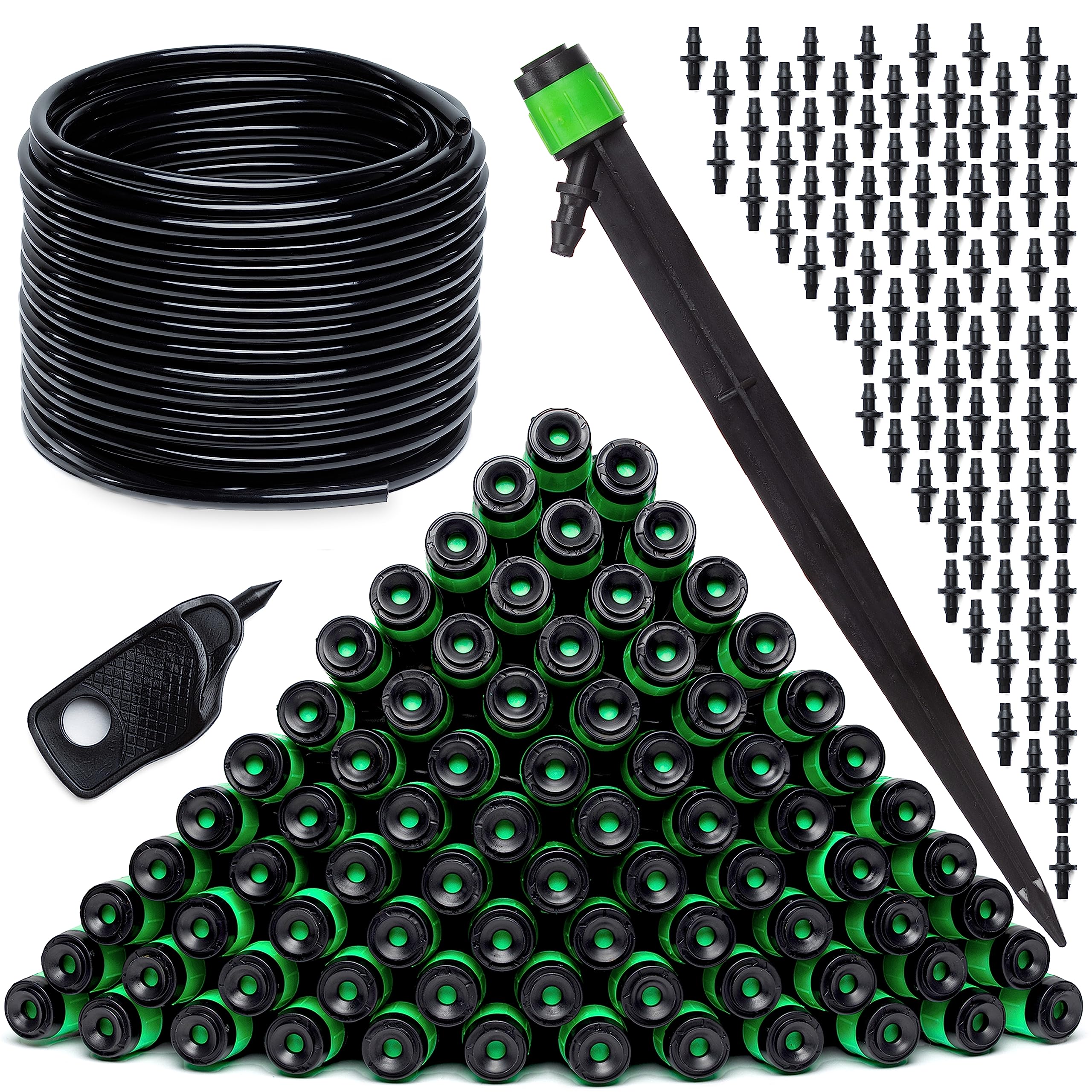 CARPATHEN Drip Irrigation Emitters Vortex - 100 pcs Drip Sprinkler Head for 1/4 inch Drip Irrigation Tubing + 1/4 Drip Irrigation Tubing - 100 ft Black Drip Irrigation Hose