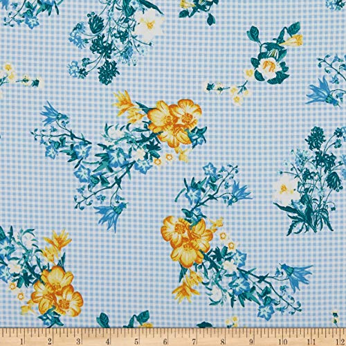 Poplin Gingham Floral Blue/White, Fabric by the Yard
