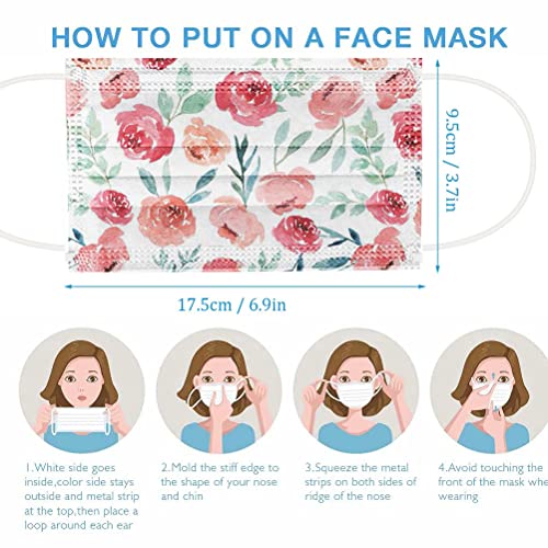 50 Pack Adults Floral Disposable Face Masks with Design, 3 Ply Protective Breathable Women Men Flower FaceMask with Nose Wire (Floral #14)