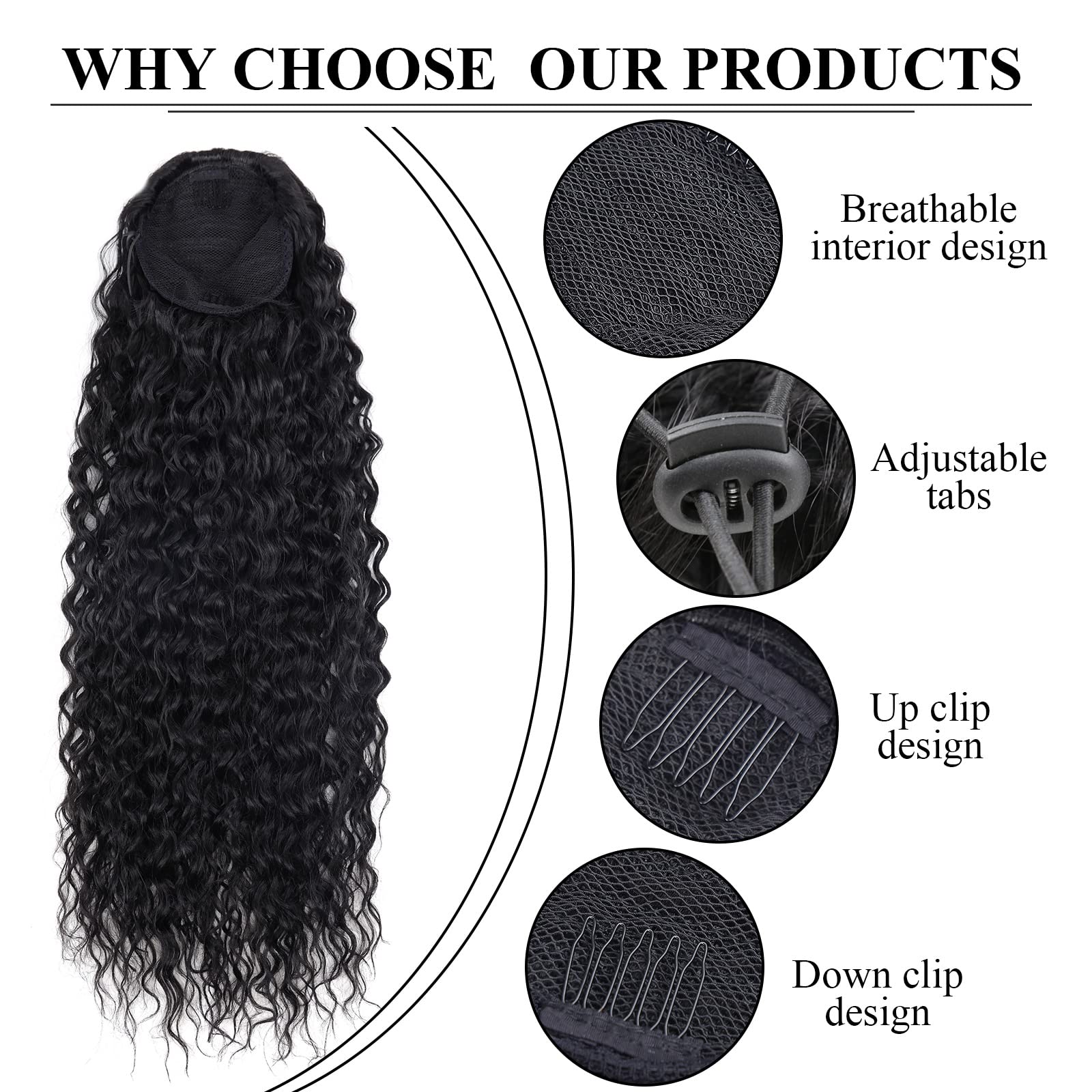 LACE PLUS 32 Inch Long Curly Ponytail Hair Extension Curly Heat Resistant Synthetic Instant Clip Drawstring Ponytail Clip in Ponytail Hair Extensions Curly For Black Women (#1 Black,6.70OZ)