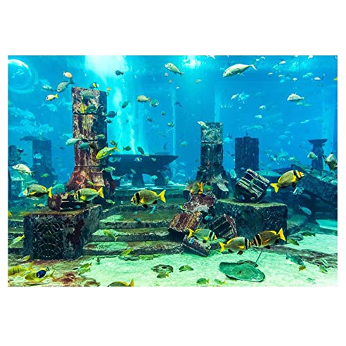 GLOGLOW Aquarium Poster, Underwater City Ruins Background Sticker Thicken PVC Adhesive Static Cling Backdrop Fish Tank Decorative Paper(76×46cm)