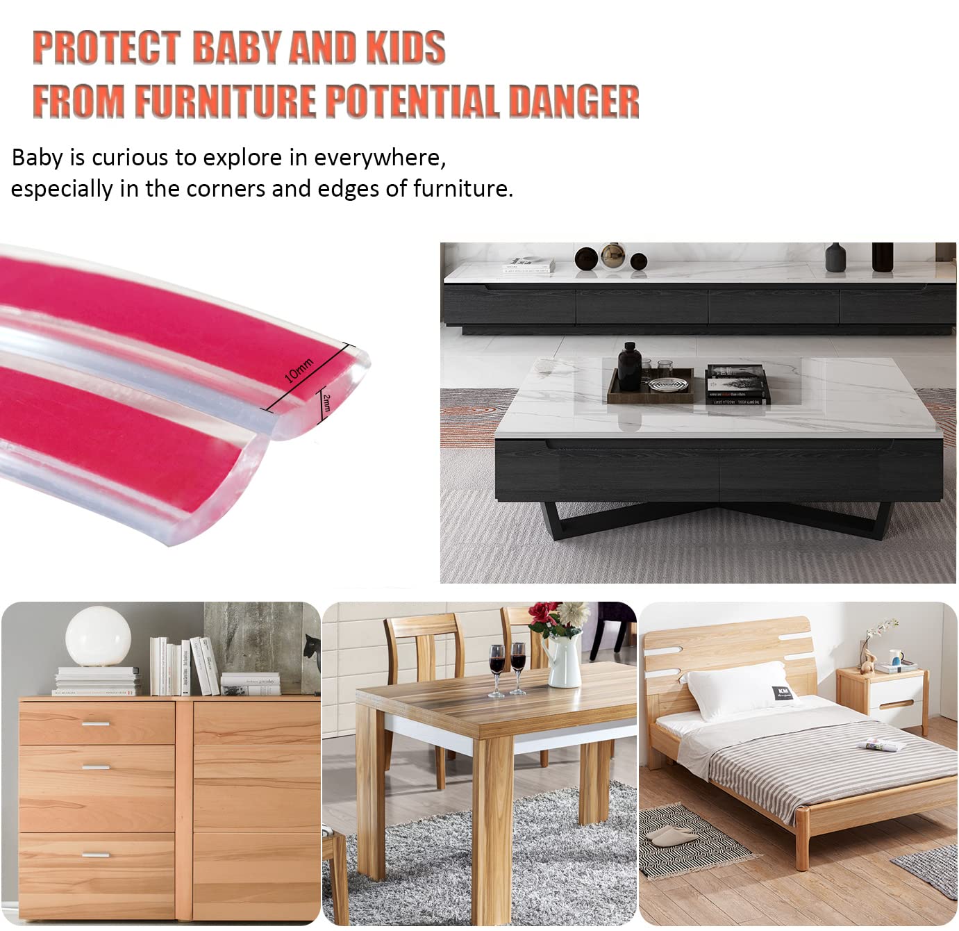 Baby Proofing 20ft Silicone Strip Clear Soft Corner Protectors with Pre-Taped Strong Adhesive, Edge Protectors for Sharp Corners of Tables Cabinets Furniture