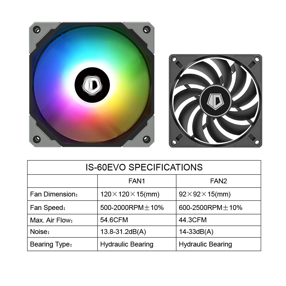 ID-COOLING IS-60 EVO ARGB CPU Cooler LGA1700 CPU Air Cooler 64mm Height ARGB Cooler 5V 3PIN Connector 6 Heatpipes Dual 15mm Slim Fans, Intel/AMD
