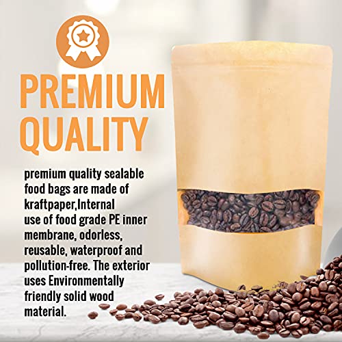 TCHEPIRO Kraft Stand up Pouch with Clear Window β 95% Biodegradable & Recyclable Bags - Reusable & Resealable Food Storage β Zip Lock & Tear Notch - Pack of 100 (7.09β x 10.24β)
