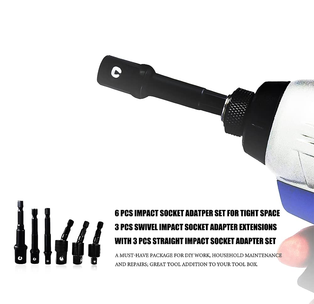 Drill Bit Extension Set-6 PCS Impact Socket Adapter Set 1/4” 3/8” 1/2” Hex Shank 3 Swivel /3 Straight Impact Driver Bit Set Socket Holder Drill Attachment Accessories for Hard-to-Reach Spaces-BLS6