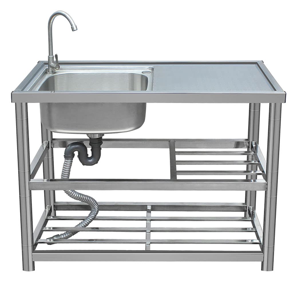 KITCHEN SINK Laundry sink/outdoor station with hose hook up, portable for washing hands, commercial restaurant utility fish cleaning table,stainless steel faucet, 39.4x17.7x31.5in/100x45x80cm