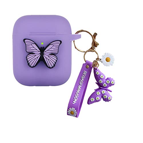 Compatible with AirPods Butterfly Case, Shockproof Silicone 3D Butterfly Airpods 2&1 Cover Pattern Keychain Women Girls Gift for Apple Airpods 2 Charging Case (Purple)