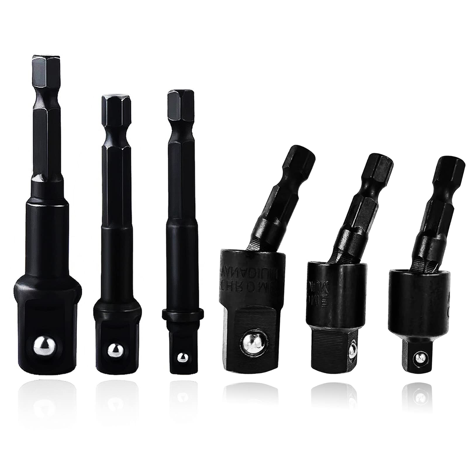 Drill Bit Extension Set-6 PCS Impact Socket Adapter Set 1/4” 3/8” 1/2” Hex Shank 3 Swivel /3 Straight Impact Driver Bit Set Socket Holder Drill Attachment Accessories for Hard-to-Reach Spaces-BLS6