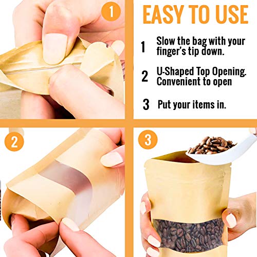 TCHEPIRO Kraft Stand up Pouch with Clear Window β 95% Biodegradable & Recyclable Bags - Reusable & Resealable Food Storage β Zip Lock & Tear Notch - Pack of 100 (7.09β x 10.24β)