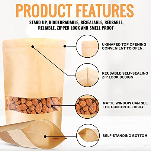 TCHEPIRO Kraft Stand up Pouch with Clear Window β 95% Biodegradable & Recyclable Bags - Reusable & Resealable Food Storage β Zip Lock & Tear Notch - Pack of 100 (7.09β x 10.24β)