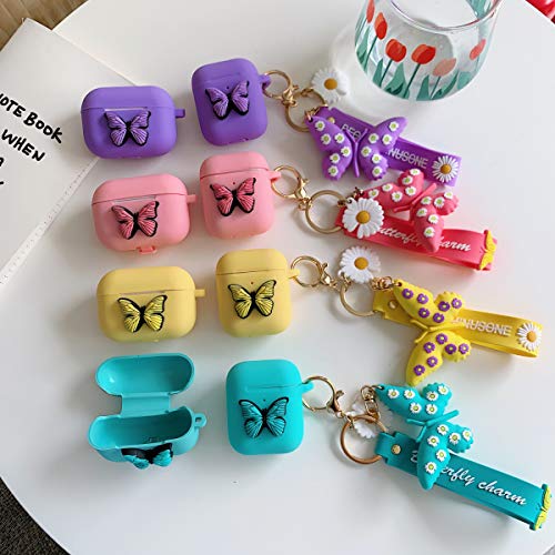 Compatible with AirPods Butterfly Case, Shockproof Silicone 3D Butterfly Airpods 2&1 Cover Pattern Keychain Women Girls Gift for Apple Airpods 2 Charging Case (Purple)