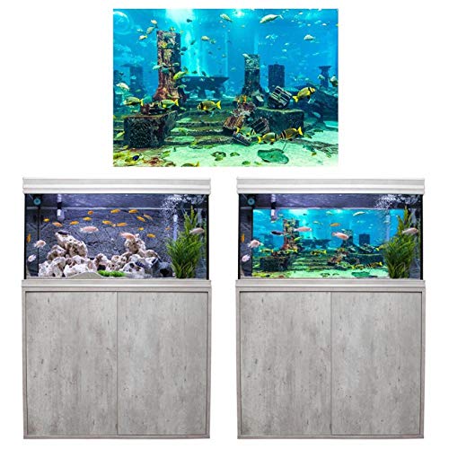 GLOGLOW Aquarium Poster, Underwater City Ruins Background Sticker Thicken PVC Adhesive Static Cling Backdrop Fish Tank Decorative Paper(76Γ46cm)