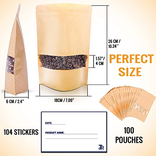 TCHEPIRO Kraft Stand up Pouch with Clear Window β 95% Biodegradable & Recyclable Bags - Reusable & Resealable Food Storage β Zip Lock & Tear Notch - Pack of 100 (7.09β x 10.24β)