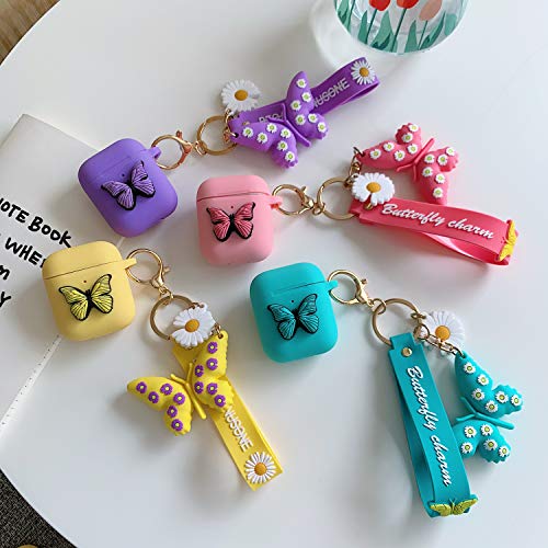 Compatible with AirPods Butterfly Case, Shockproof Silicone 3D Butterfly Airpods 2&1 Cover Pattern Keychain Women Girls Gift for Apple Airpods 2 Charging Case (Purple)
