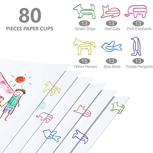 80 PCS Cute Animal Shaped Paperclips, 6 Design and Colors in Gift Box for Students Office Stuffer (Pony, Doggy, Kitten, Bird, Penguin, Elephant)