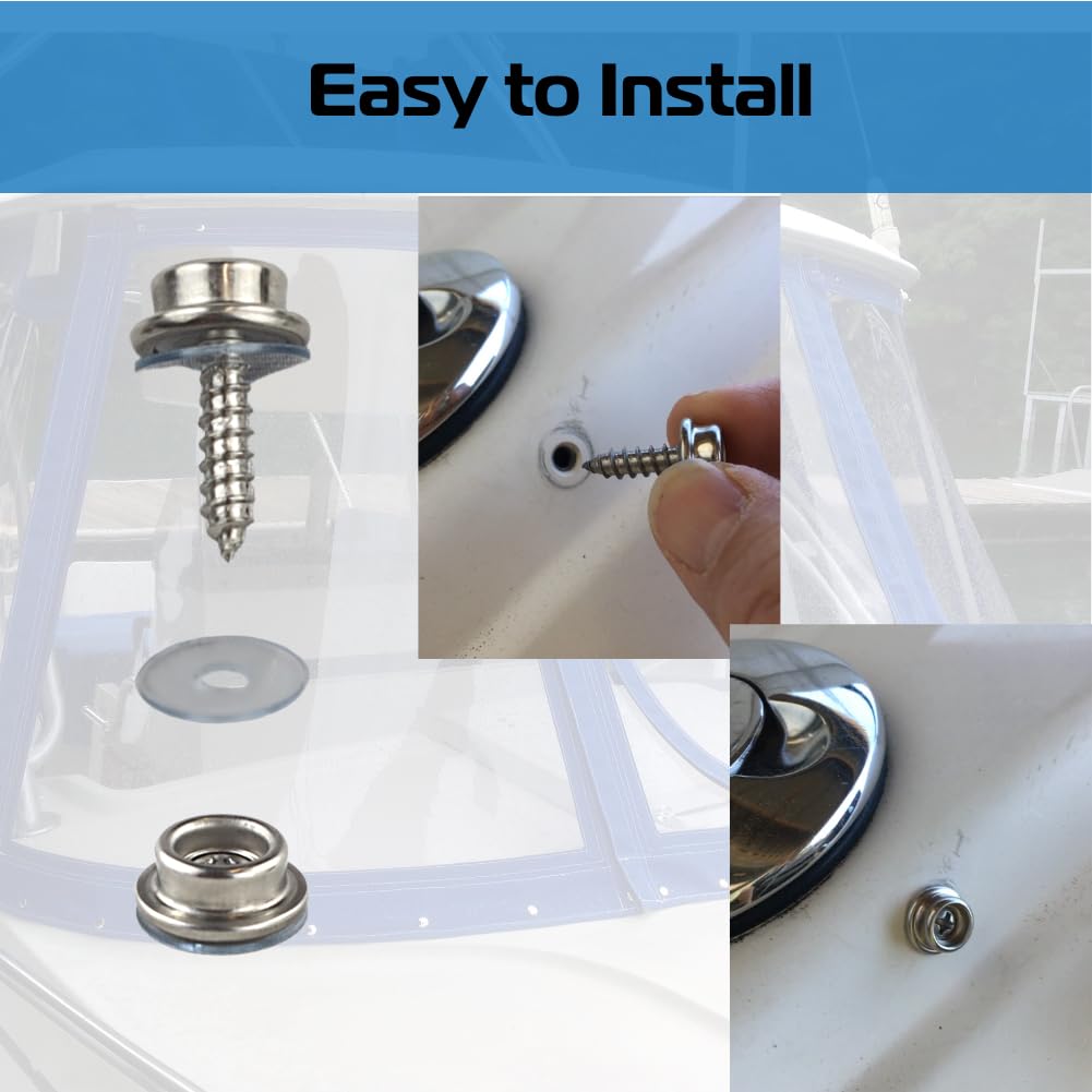 EZ-Xtend Stainless Steel Screws Marine Grade 5/8" #8 Boat Cover Snaps. Premium Snap Button Kit Includes 10 pcs of Screw in Snap Fasteners, 10 Flexible Clear PVC Vinyl Backing Washers Fastener Hardware