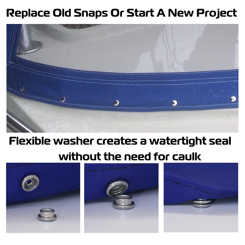 EZ-Xtend Stainless Steel Screws Marine Grade 5/8" #8 Boat Cover Snaps. Premium Snap Button Kit Includes 10 pcs of Screw in Snap Fasteners, 10 Flexible Clear PVC Vinyl Backing Washers Fastener Hardware