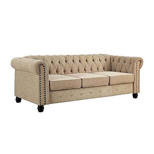 5STARS N&R RN Furnishings Chesterfield 81" Button Tufted Linen Fabric Sofa-Beige