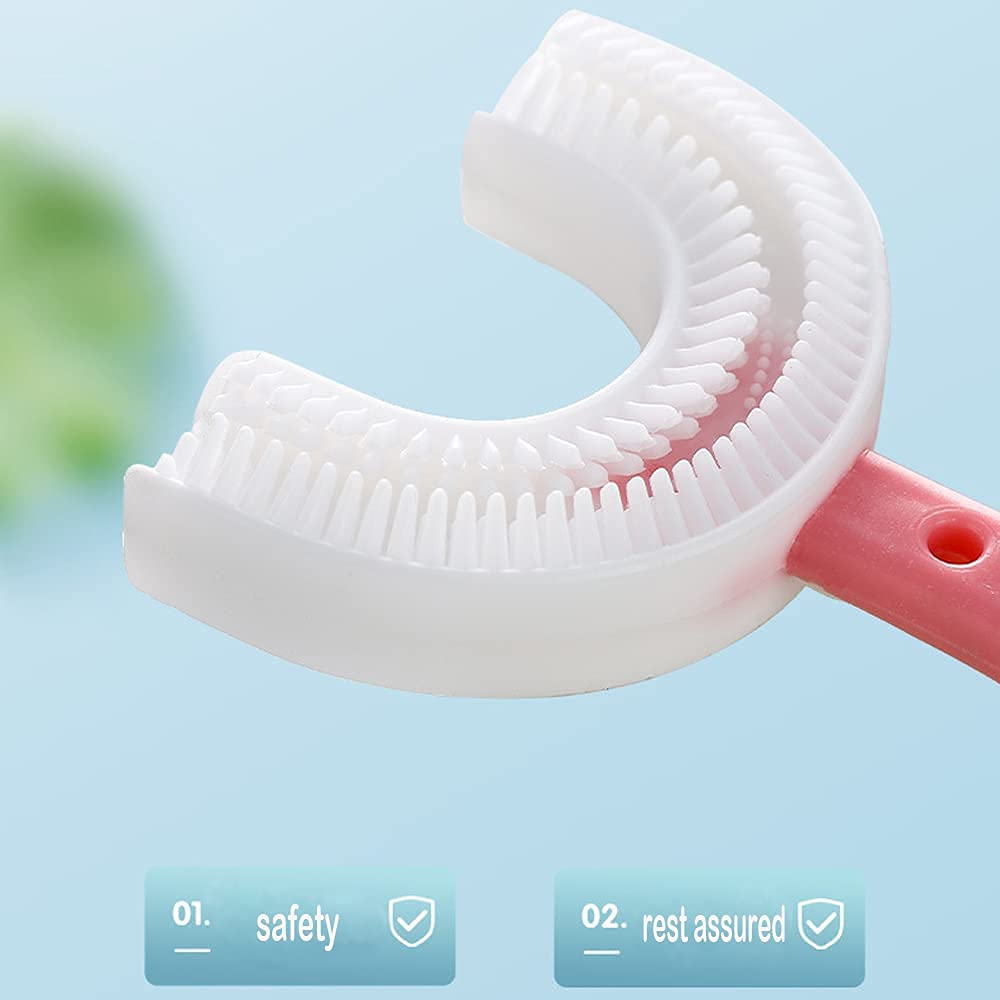 owno 2 Pack Children's U-Shaped Toothbrush, Manual Training, Food-Grade Soft Silicone Brush Head with Compact, Bristles & Easy Grip Handle, 360degree Oral Cleaning Design for Baby Care, Pink&blue