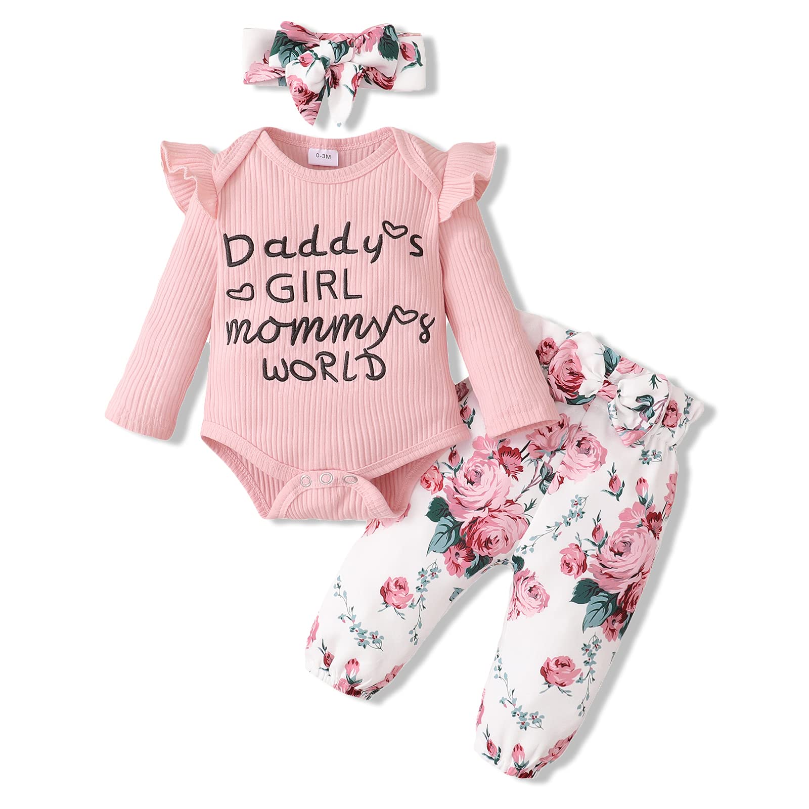 YUEMION Newborn Baby Girl Clothes Toddler Girl Fall Outfits Ruffle Romper Floral Pants Set Infant Girl Clothes(6-12M)
