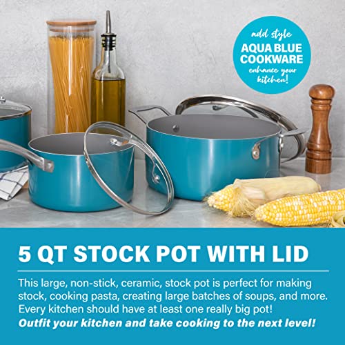GOTHAM STEEL Aqua Blue Nonstick Multipurpose 5 Quart Stock Pot with Glass Lid, Dutch, Sauce & Reheat Food, Oven and Dishwasher Safe, PFOA Free