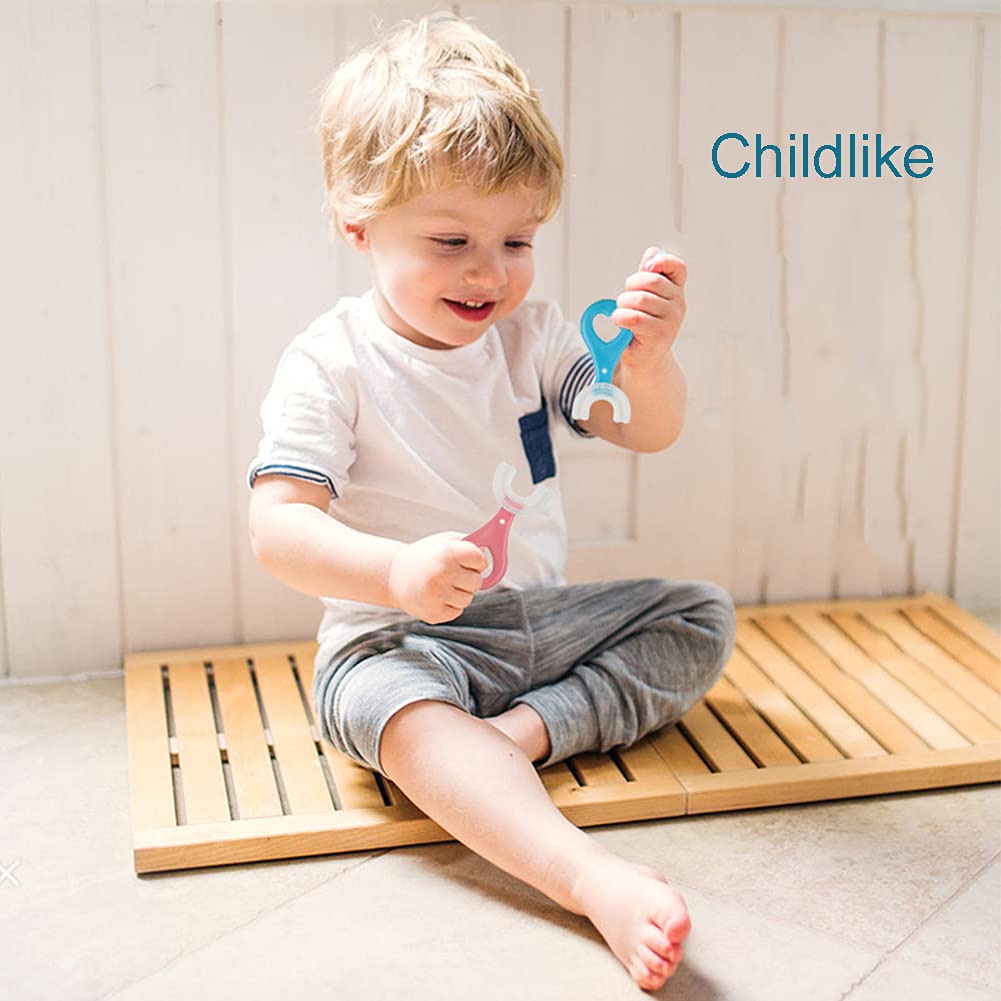 owno 2 Pack Children's U-Shaped Toothbrush, Manual Training, Food-Grade Soft Silicone Brush Head with Compact, Bristles & Easy Grip Handle, 360degree Oral Cleaning Design for Baby Care, Pink&blue