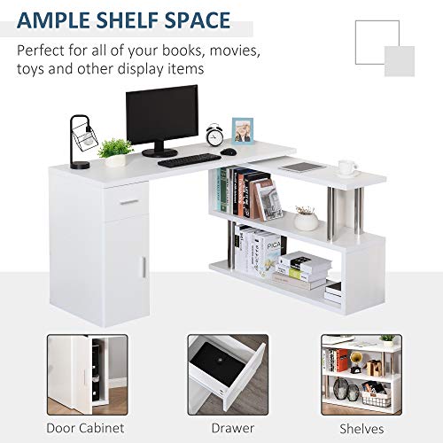 HOMCOM Rotating Computer Desk, 55" L-Shaped Desk, Corner Desk with Storage Shelves, Cabinet and Drawer for Home Office, White
