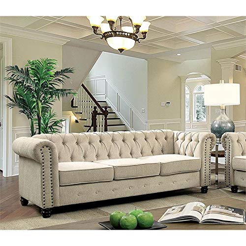 5STARS N&R RN Furnishings Chesterfield 81" Button Tufted Linen Fabric Sofa-Beige