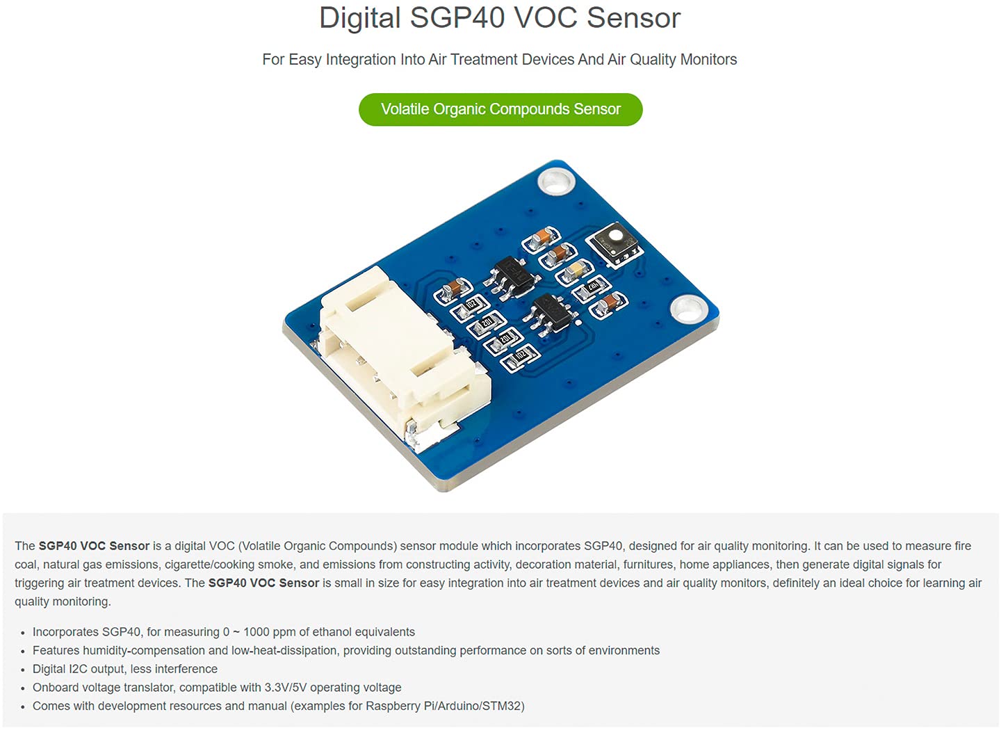 Digital SGP40 VOC (Volatile Organic Compounds) Gas Sensor for Easy Integration Into Air Treatment Devices and Air Quality Monitors, I2C Bus Compatible with Raspberry Pi/STM32