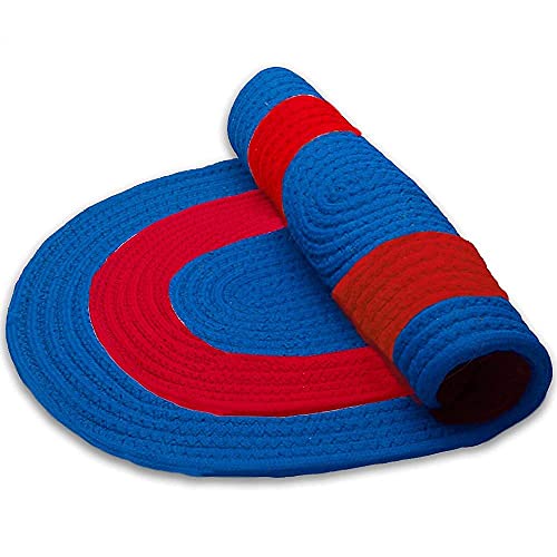 Essencea's Oval Floor Mat Braided Rug | Blue & Red | Easy to Use | Decorative Artwork | Vibrant Colors | 24x17inches