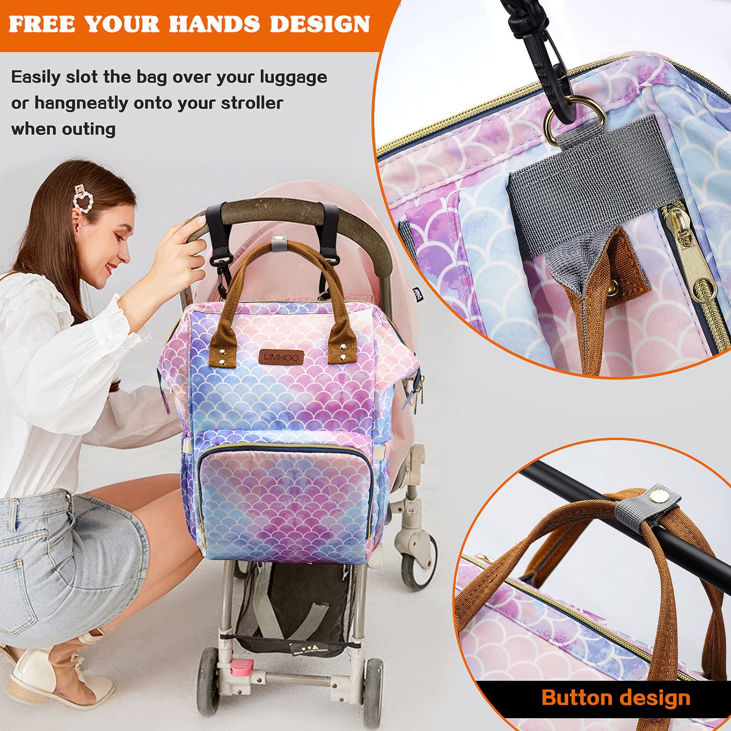 Mermaid Diaper Bag Backpack, Waterproof Baby Care Bag, Women Travel Baby Nappy Changing Bag