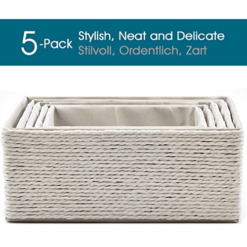 Acrola 5-Pack Decorative Storage Baskets, Stackable, Woven Paper Rope with Fabric Liner (Cream White) ST05001