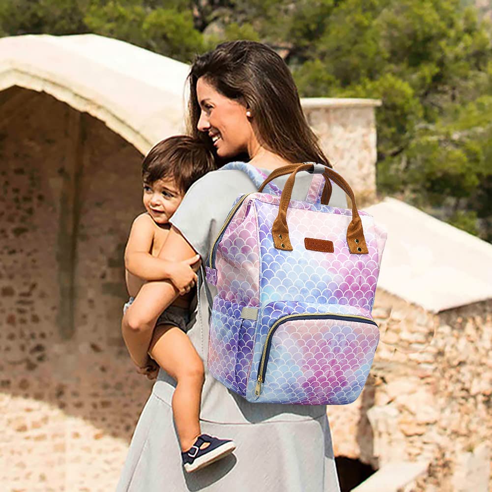 Mermaid Diaper Bag Backpack, Waterproof Baby Care Bag, Women Travel Baby Nappy Changing Bag