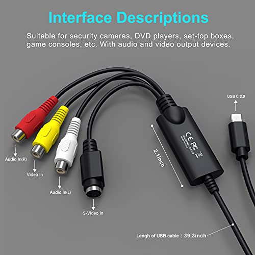 Kkf VHS to USB RCA Converter, Analog to Digital Video, Digital Video for VCR DSLR TV Box DVD Camera PS3 PS4,USB 2.0 Audio Capture Card Transfer Collector (RCA to USB C)