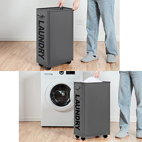 Lifesela X-Large Rolling Laundry Hamper, 27" Tall Slim Laundry Basket with Mesh Liner, Collapsible Dirty Clothes Hamper with Handle, Corner Laundry Bin Laundry Cart with Wheels (Grey)