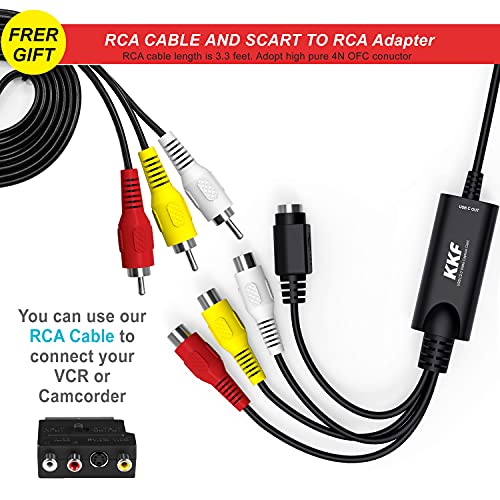 Kkf VHS to USB RCA Converter, Analog to Digital Video, Digital Video for VCR DSLR TV Box DVD Camera PS3 PS4,USB 2.0 Audio Capture Card Transfer Collector (RCA to USB C)