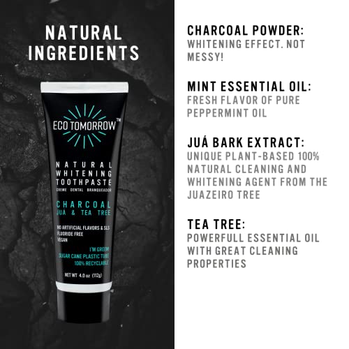 EcoTomorrow Charcoal Whitening Toothpaste - Natural Juá & Tea Tree, Fluoride Free, Plant Based with Peppermint Essential Oil - 4.0oz (Pack of 3)