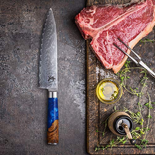 SAMCOOK Chef Knife - 8 Inch Professional Sharp Gyuto Knife - Japanese VG-10 Damascus High Carbon Stainless Steel Kitchen Cooking knife - Ergonomic Blue Resin Wood Handle with Gift Box