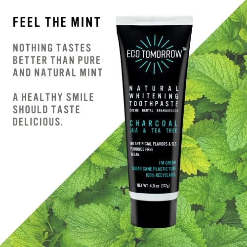 EcoTomorrow Charcoal Whitening Toothpaste - Natural Juá & Tea Tree, Fluoride Free, Plant Based with Peppermint Essential Oil - 4.0oz (Pack of 3)
