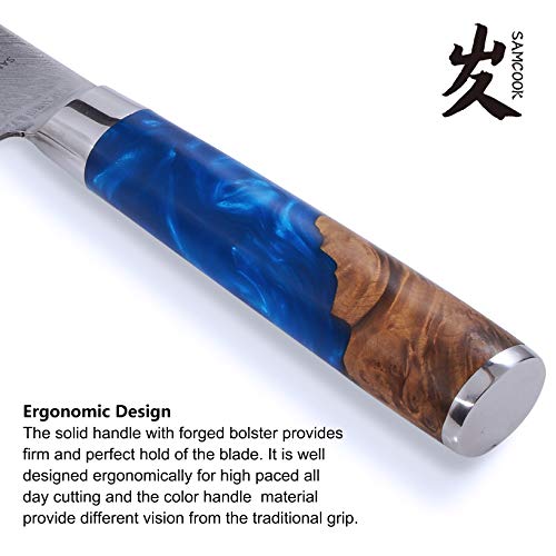SAMCOOK Chef Knife - 8 Inch Professional Sharp Gyuto Knife - Japanese VG-10 Damascus High Carbon Stainless Steel Kitchen Cooking knife - Ergonomic Blue Resin Wood Handle with Gift Box