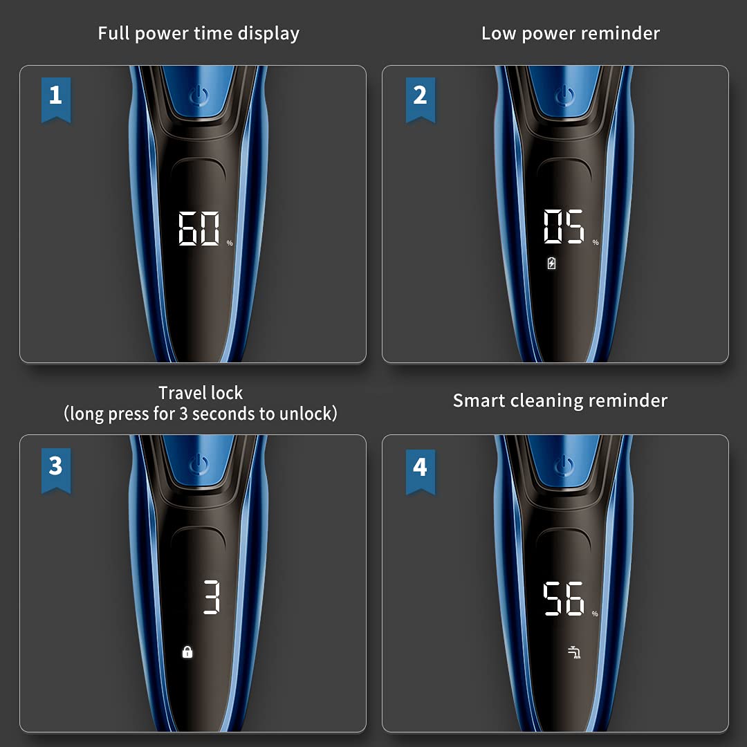 Electric Razor for Men Rotary Shaver Pop-up Beard Trimmer with LCD Display and Rechargeable Cordless Waterproof Blue