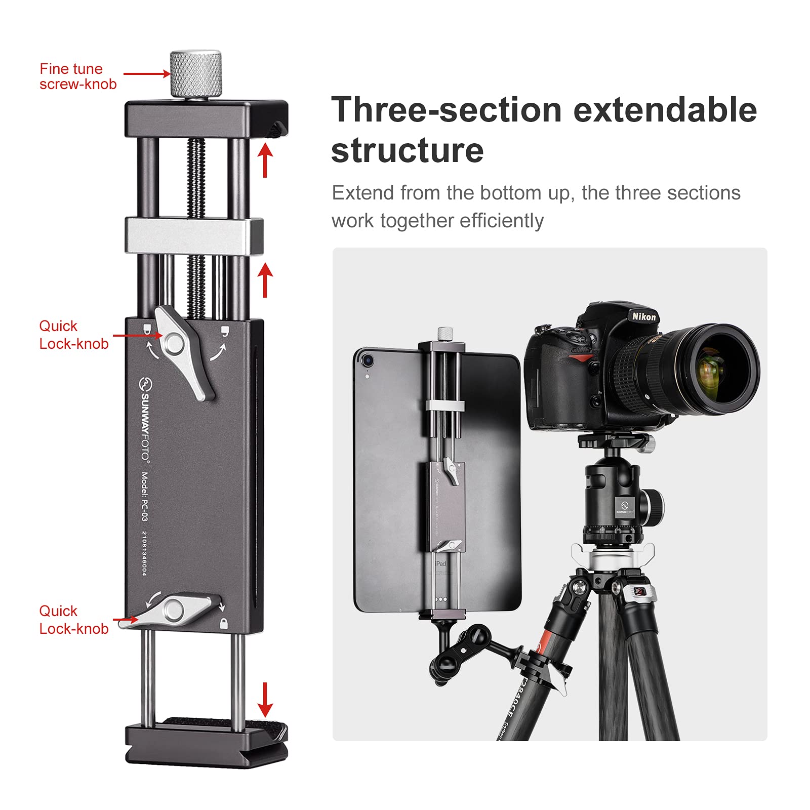 SUNWAYFOTO PC-03 Tablet Laptop Mount Smart Phone Bracket Tripod Bracket Accessories for Ipad Pro Holder Arca Swiss Stand Universal