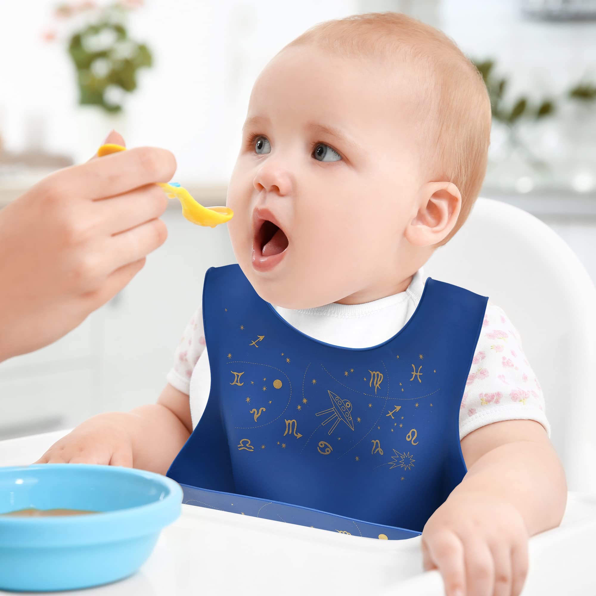 GAJIGAJI Waterproof Silicone Baby Bibs Set of 2, Easy Clean Quick Drying Soft and Comfortable Feeding Bucket Bib, Keep Stain off (Astronaut&Gold Stamp)