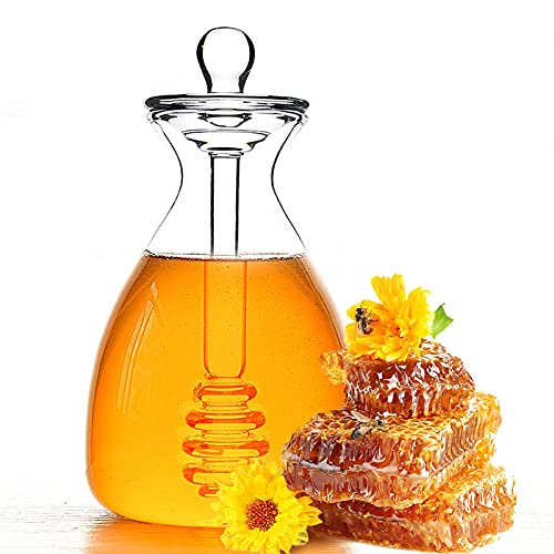 DOKIMIYA Honey Pot Glass Honey Dispenser Jar with Dipper and Lid Cover for Home Kitchen, Clear, 14 Ounces
