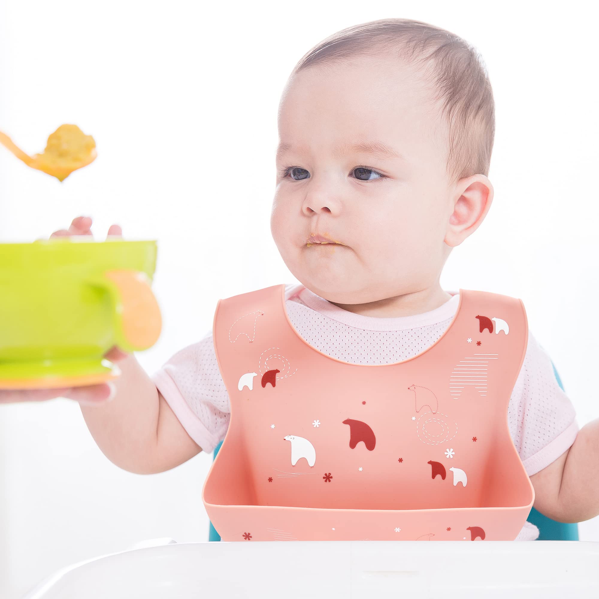 GAJIGAJI Waterproof Silicone Baby Bibs Set of 2, Easy Clean Quick Drying Soft and Comfortable Feeding Bucket Bib, Keep Stain off (Astronaut&Gold Stamp)