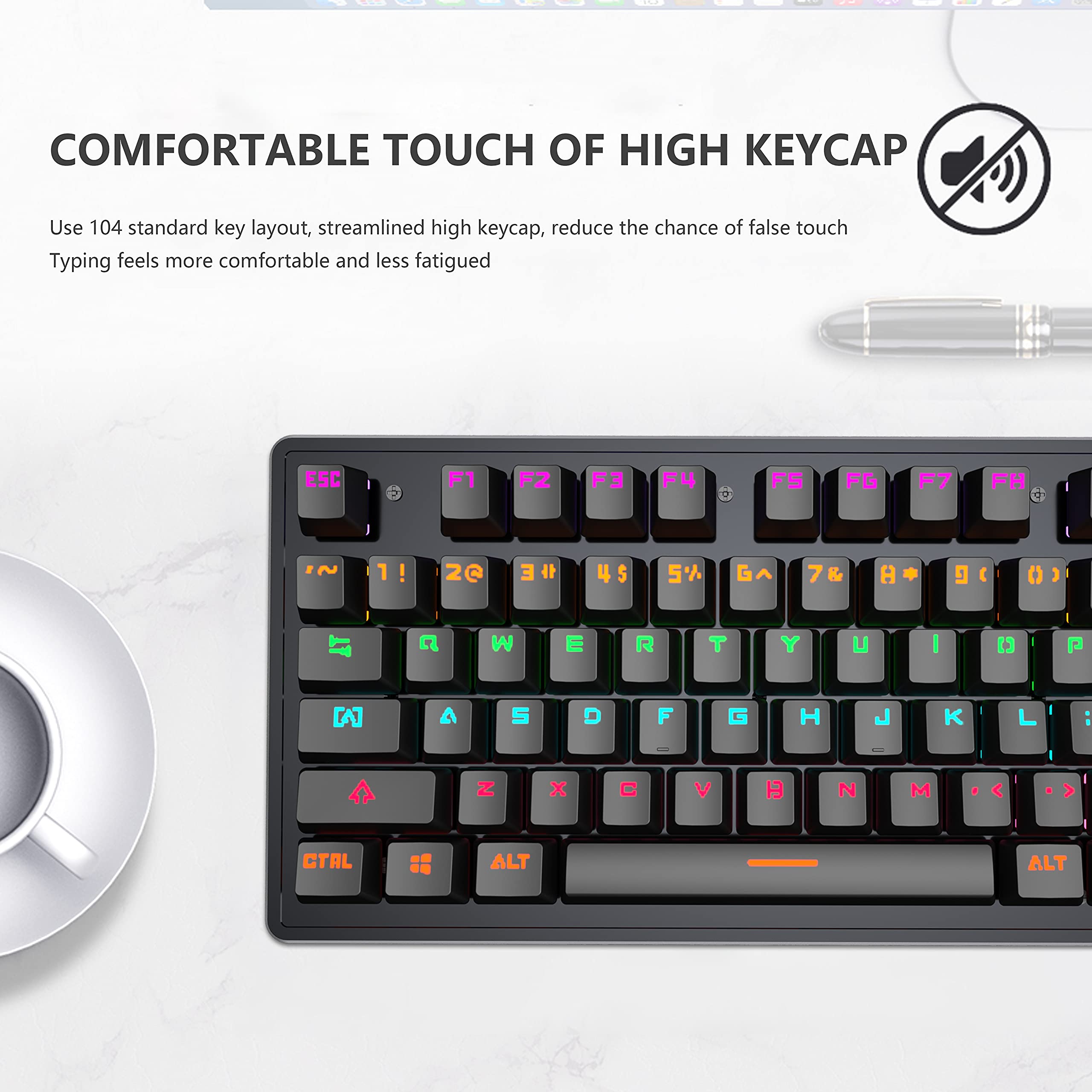 Chuang Gaming KU20 Mechnical Gaming Keyboard, RGB Backlit Wired Keyboard with Blue Switches & ABS Keycaps, Splash-Proof Function with Ergonomic Design, Black