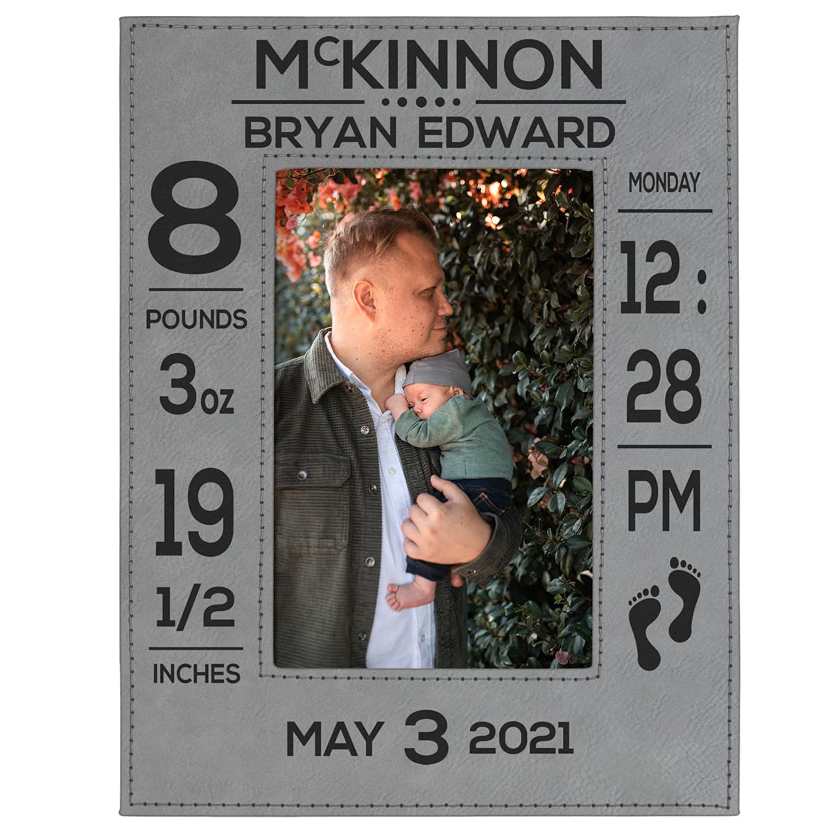 PlaqueMaker Personalized New Baby Information Picture Frame - Include the Name, Birthday, Weight, Length and Time of Birth (Gray)
