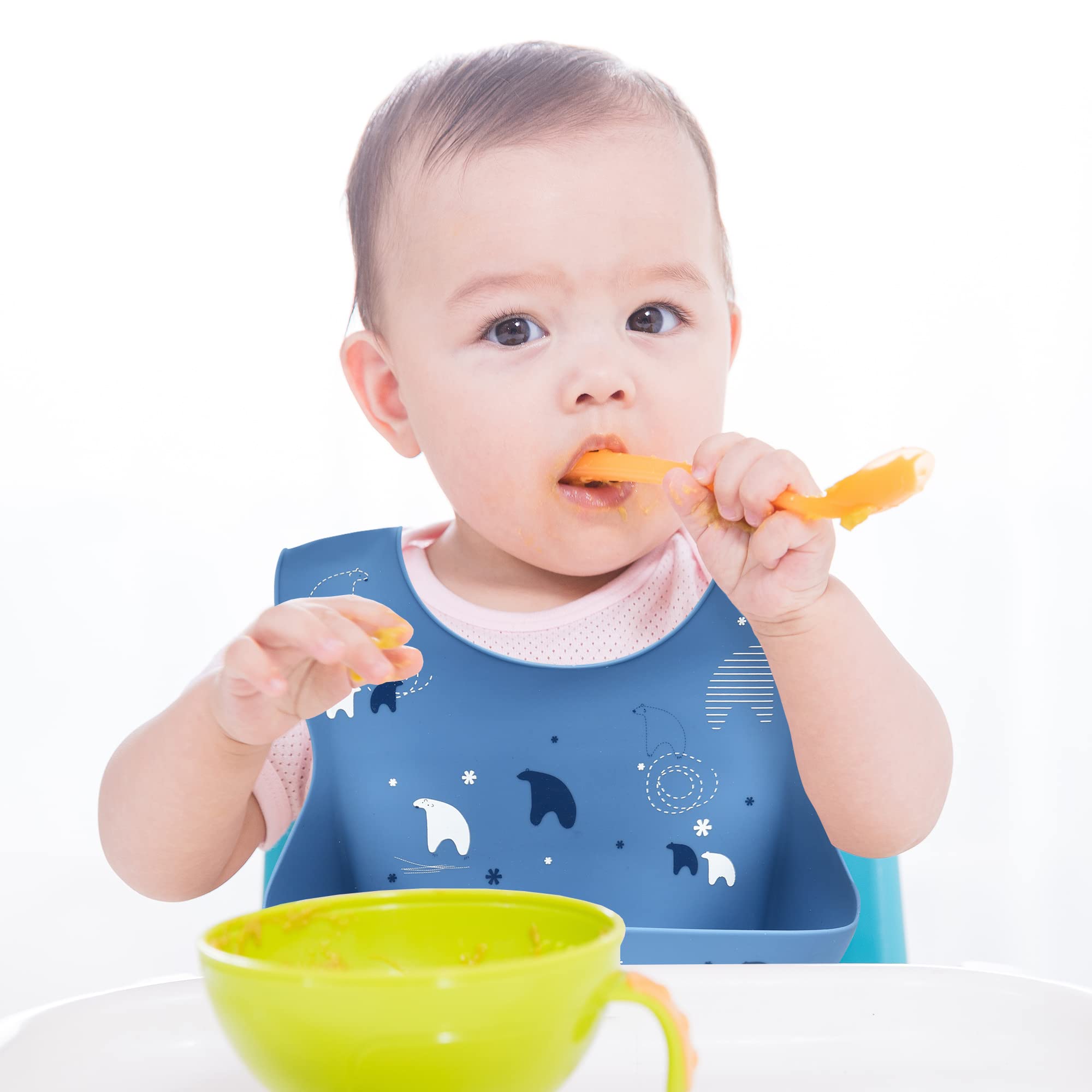 GAJIGAJI Waterproof Silicone Baby Bibs Set of 2, Easy Clean Quick Drying Soft and Comfortable Feeding Bucket Bib, Keep Stain off (Astronaut&Gold Stamp)