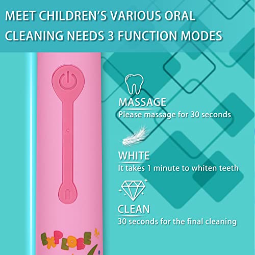 7AM2M Kids Electric Toothbrushes with 4 Brush Heads, 3 Modes with Memory, IPX7 Waterproof, 2 Minutes Build-in Smart Timer, Baby Kids Toothbrushes Suitable Age 3+ (Pink)